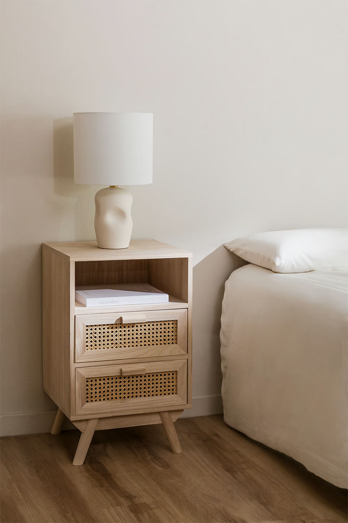 Rattan & Mango Wood Bedside Table with Drawers | Wooden Bedside Table ...