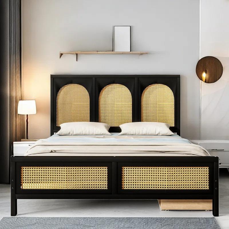 Solid Wood Rattan Bed For Bedroom | Cane Bed For Home -Navi – Akway